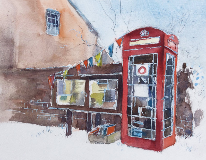 How to paint a red telephone box in watercolour