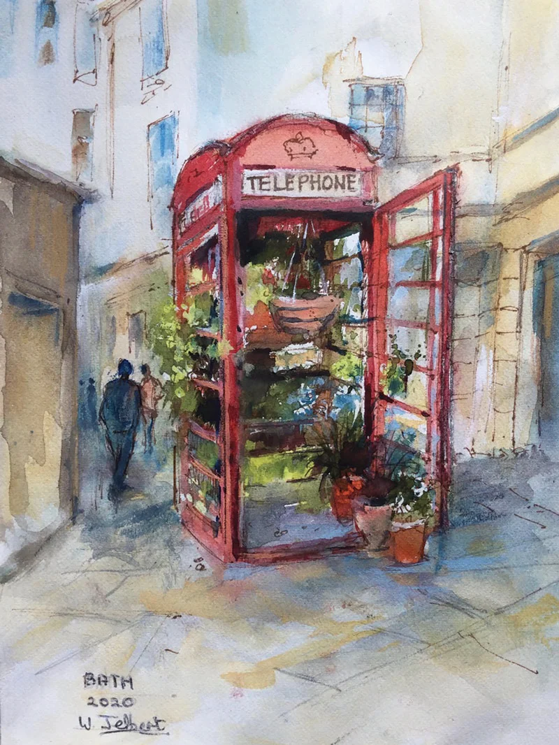 How to paint a red telephone box in watercolour