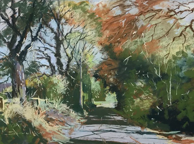 Paint an autumn landscape using two different mediums