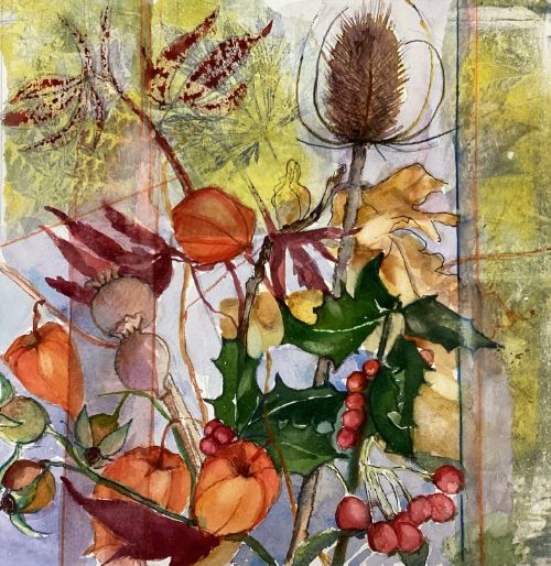 How to paint a festive mixed media still life with collage with Sue Smith
