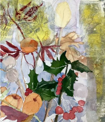 How to paint a festive mixed media still life with collage with Sue Smith