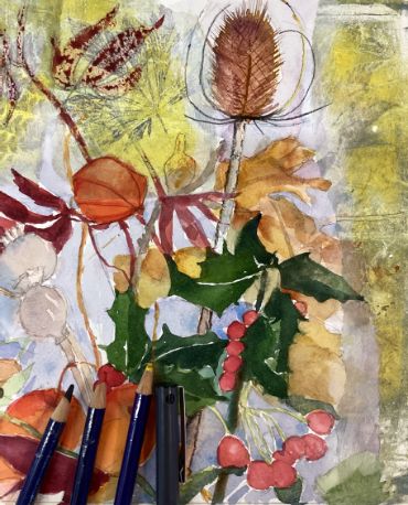 How to paint a festive mixed media still life with collage with Sue Smith